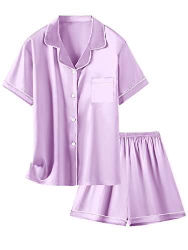 Silk Pjs for Women Set, Cute Silky Matching 2 Pcs Comfy Nightwear Button Down Sexy Soft Satin Summer Pj Short Set, D Lavender, X-Small