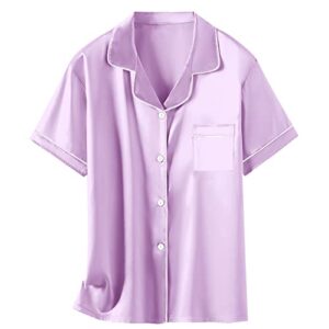 Silk Pjs for Women Set, Cute Silky Matching 2 Pcs Comfy Nightwear Button Down Sexy Soft Satin Summer Pj Short Set, D Lavender, X-Small