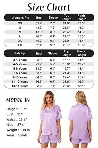 Silk Pjs for Women Set, Cute Silky Matching 2 Pcs Comfy Nightwear Button Down Sexy Soft Satin Summer Pj Short Set, D Lavender, X-Small