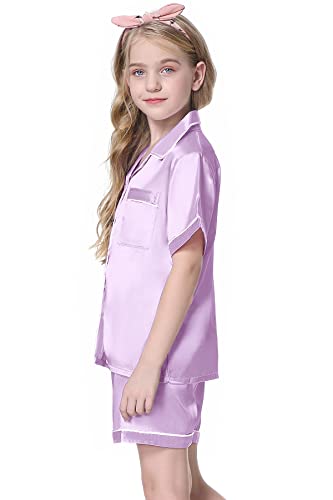 Silk Pjs for Women Set, Cute Silky Matching 2 Pcs Comfy Nightwear Button Down Sexy Soft Satin Summer Pj Short Set, D Lavender, X-Small