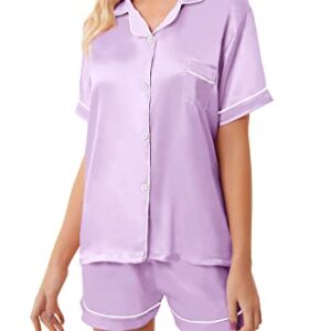 Silk Pjs for Women Set, Cute Silky Matching 2 Pcs Comfy Nightwear Button Down Sexy Soft Satin Summer Pj Short Set, D Lavender, X-Small