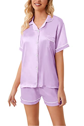 Silk Pjs for Women Set, Cute Silky Matching 2 Pcs Comfy Nightwear Button Down Sexy Soft Satin Summer Pj Short Set, D Lavender, X-Small