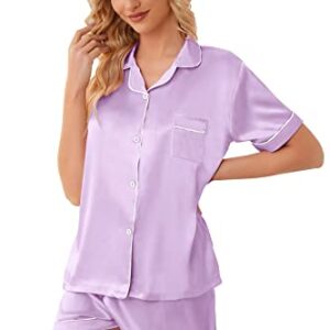 Silk Pjs for Women Set, Cute Silky Matching 2 Pcs Comfy Nightwear Button Down Sexy Soft Satin Summer Pj Short Set, D Lavender, X-Small