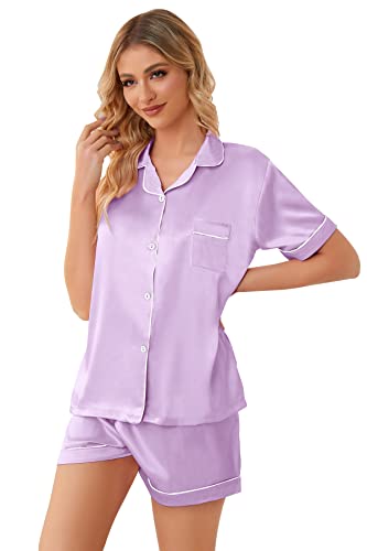 Silk Pjs for Women Set, Cute Silky Matching 2 Pcs Comfy Nightwear Button Down Sexy Soft Satin Summer Pj Short Set, D Lavender, X-Small