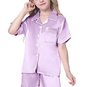 Silk Pjs for Women Set, Cute Silky Matching 2 Pcs Comfy Nightwear Button Down Sexy Soft Satin Summer Pj Short Set, D Lavender, X-Small