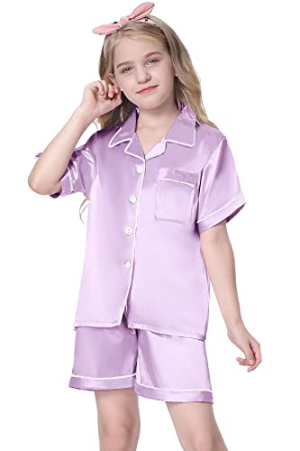 Silk Pjs for Women Set, Cute Silky Matching 2 Pcs Comfy Nightwear Button Down Sexy Soft Satin Summer Pj Short Set, D Lavender, X-Small