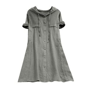 women's vintage cotton linen dress button down short sleeve casual midi dresses summer loose flowy sundress