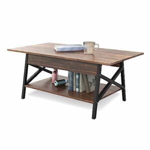 yesker farmhouse coffee table, industrial rustic coffee table heavy duty two tier coffee tea table 45” with shelf for living room, accent cocktail table with stronger metal frame thicker leg