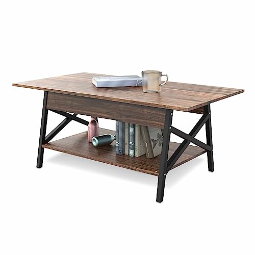 Yesker Farmhouse Coffee Table, Industrial Rustic Coffee Table Heavy Duty Two Tier Coffee Tea Table 45” with Shelf for Living Room, Accent Cocktail Table with Stronger Metal Frame Thicker Leg