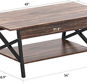 Yesker Farmhouse Coffee Table, Industrial Rustic Coffee Table Heavy Duty Two Tier Coffee Tea Table 45” with Shelf for Living Room, Accent Cocktail Table with Stronger Metal Frame Thicker Leg