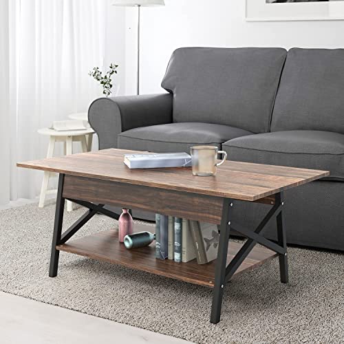 Yesker Farmhouse Coffee Table, Industrial Rustic Coffee Table Heavy Duty Two Tier Coffee Tea Table 45” with Shelf for Living Room, Accent Cocktail Table with Stronger Metal Frame Thicker Leg