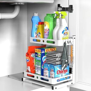 under sink organizer, 2 tier pull-out cabinet organizer for kitchen bathroom under sink organizer and storage, slide-out under sink organizer, height adjustable, white