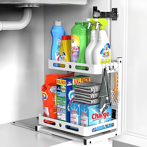 Under Sink Organizer, 2 Tier Pull-Out Cabinet Organizer for Kitchen Bathroom Under Sink Organizer and Storage, Slide-Out Under Sink Organizer, Height Adjustable, White