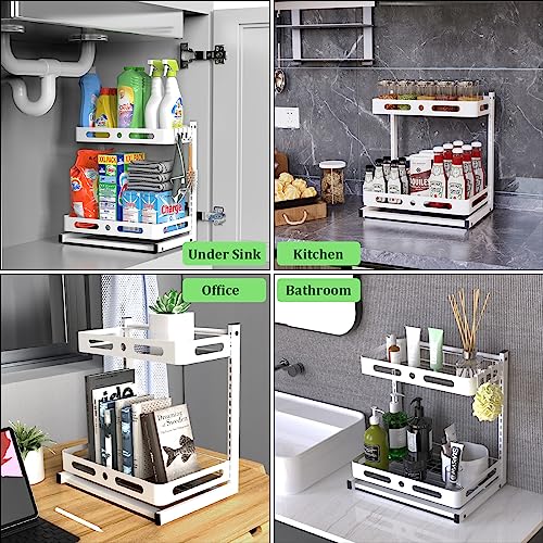 Under Sink Organizer, 2 Tier Pull-Out Cabinet Organizer for Kitchen Bathroom Under Sink Organizer and Storage, Slide-Out Under Sink Organizer, Height Adjustable, White