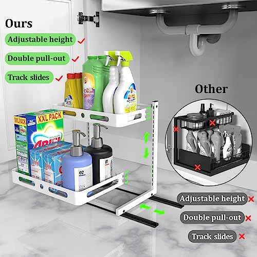 Under Sink Organizer, 2 Tier Pull-Out Cabinet Organizer for Kitchen Bathroom Under Sink Organizer and Storage, Slide-Out Under Sink Organizer, Height Adjustable, White