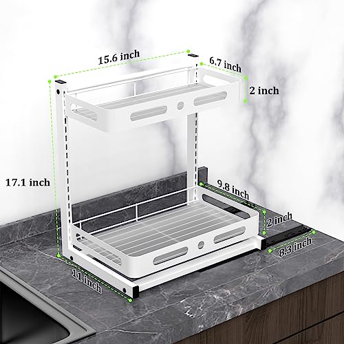 Under Sink Organizer, 2 Tier Pull-Out Cabinet Organizer for Kitchen Bathroom Under Sink Organizer and Storage, Slide-Out Under Sink Organizer, Height Adjustable, White