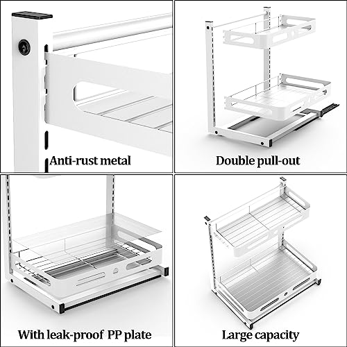 Under Sink Organizer, 2 Tier Pull-Out Cabinet Organizer for Kitchen Bathroom Under Sink Organizer and Storage, Slide-Out Under Sink Organizer, Height Adjustable, White