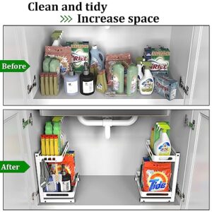 Under Sink Organizer, 2 Tier Pull-Out Cabinet Organizer for Kitchen Bathroom Under Sink Organizer and Storage, Slide-Out Under Sink Organizer, Height Adjustable, White