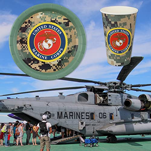 Havercamp U.S. Marines Party for 32 Guests! Includes 32 ea. 10” Plates & Luncheon Napkins & Lg. Cups with Licensed Marines Camo & Coat of Arms. Retirement, Birthday or Official Events