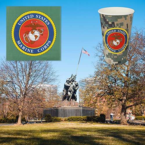 Havercamp U.S. Marines Party for 32 Guests! Includes 32 ea. 10” Plates & Luncheon Napkins & Lg. Cups with Licensed Marines Camo & Coat of Arms. Retirement, Birthday or Official Events