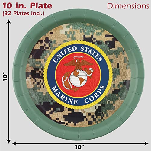 Havercamp U.S. Marines Party for 32 Guests! Includes 32 ea. 10” Plates & Luncheon Napkins & Lg. Cups with Licensed Marines Camo & Coat of Arms. Retirement, Birthday or Official Events