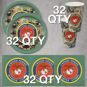 Havercamp U.S. Marines Party for 32 Guests! Includes 32 ea. 10” Plates & Luncheon Napkins & Lg. Cups with Licensed Marines Camo & Coat of Arms. Retirement, Birthday or Official Events