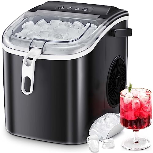 ZAFRO Ice Maker Countertop, Portable Ice Machine with Carry Handle, Self-Cleaning Ice Makers with Basket and Scoop, 9 Cubes in 6 Mins, 26 lbs per Day, Suitable for Kitchen, Camping, Party （Black）