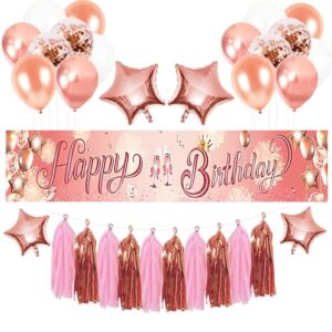 rose gold birthday party decorations for women, happy birthday banner backdrop, rose gold stars tassels balloons party decorations supplies for 16th 21st 30th 40th 50th birthday decorations women girl