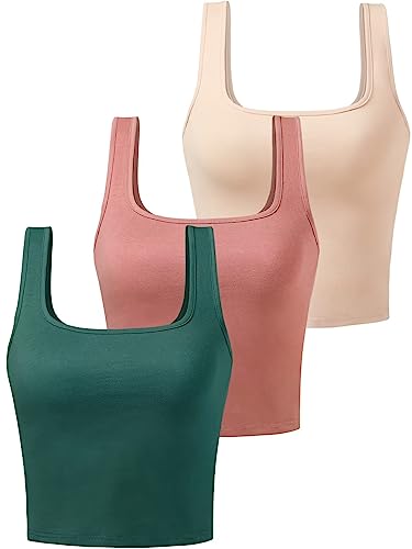 Porvike Crop Tops for Women Workout Tank Top Cropped Sleeveless Shirts Square Neck Tanks Basic Gym Exercise Clothes 3 Pack Coral/Beige/Emerald Green S