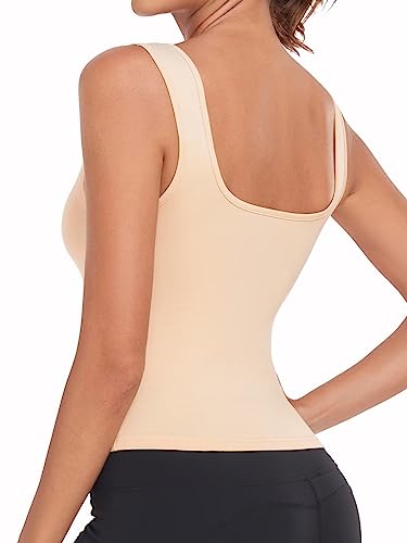 Porvike Crop Tops for Women Workout Tank Top Cropped Sleeveless Shirts Square Neck Tanks Basic Gym Exercise Clothes 3 Pack Coral/Beige/Emerald Green S