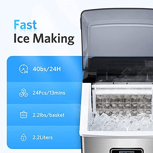 Ice Makers Countertop, 40Lbs/24H, 24pcs Ice Cubes Ready in 13 Mins, FREE VILLAGE Portable Ice Machine with Self-Cleaning, Timer, Quiet & Easy to Use, Ice Maker Ideal for Home/Kitchen/Office/Bar/Party