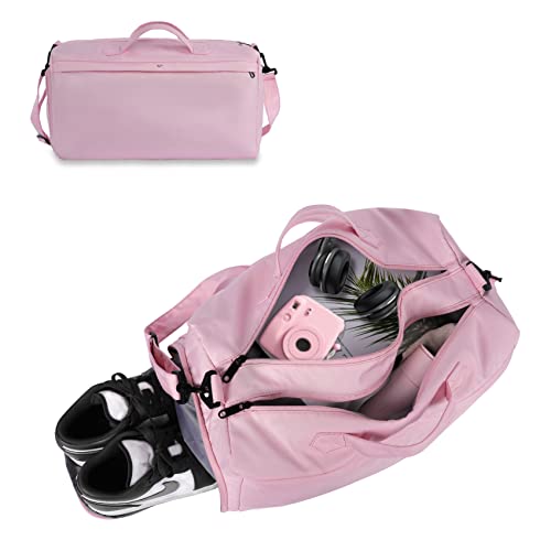 Sports Travel Gym Bag for Women, Workout Duffel Bag Overnight Shoulder Bag with Shoes Compartment and Wet Pocket Ladies Weekend Bag Carry on Luggage Bag for Airplane Beach Pink