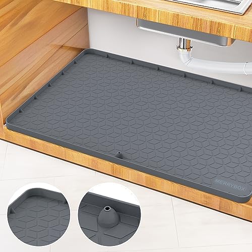 Under Sink Mat for Kitchen Cabinet Waterproof, 34" x 22" Silicone Under Sink Liner Protector Multipurpose, Under Sink Drip Tray Fits 36'' Cabinet, Thick Edge Cabinet Mat with Drain Hole- Dark Grey