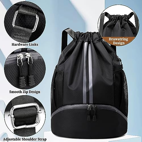 SOPIME Drawstring Backpack Gym Bag for Men, Lightweight String Bags Sports Cinch Sackpack with Shoe Compartment Water Resistant Large Gym Sack for Fitness Swim Basketball football Travel Beach (Black)