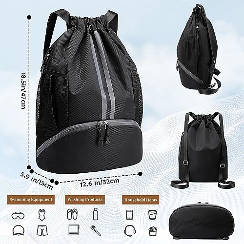 SOPIME Drawstring Backpack Gym Bag for Men, Lightweight String Bags Sports Cinch Sackpack with Shoe Compartment Water Resistant Large Gym Sack for Fitness Swim Basketball football Travel Beach (Black)