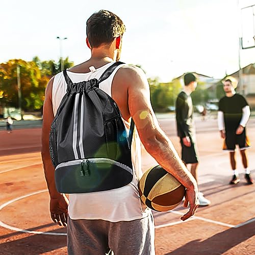 SOPIME Drawstring Backpack Gym Bag for Men, Lightweight String Bags Sports Cinch Sackpack with Shoe Compartment Water Resistant Large Gym Sack for Fitness Swim Basketball football Travel Beach (Black)