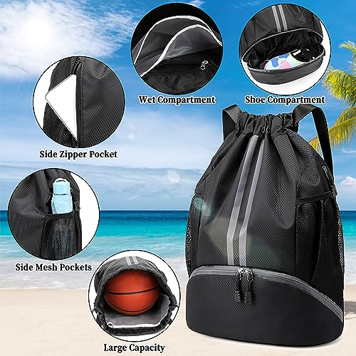 SOPIME Drawstring Backpack Gym Bag for Men, Lightweight String Bags Sports Cinch Sackpack with Shoe Compartment Water Resistant Large Gym Sack for Fitness Swim Basketball football Travel Beach (Black)