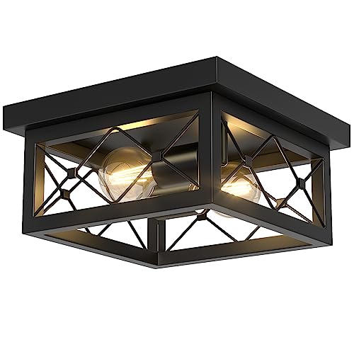 Aolloa Black Flush Mount Ceiling Light, 2-Light Hallway Light Fixtures Ceiling Mount, E26 Base Close to Ceiling Light with Vintage Metal Square Ceiling Lamp for Kitchen, Living Room, Bedroom