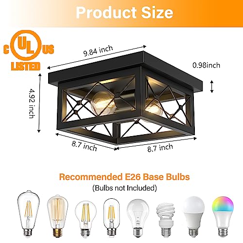 Aolloa Black Flush Mount Ceiling Light, 2-Light Hallway Light Fixtures Ceiling Mount, E26 Base Close to Ceiling Light with Vintage Metal Square Ceiling Lamp for Kitchen, Living Room, Bedroom