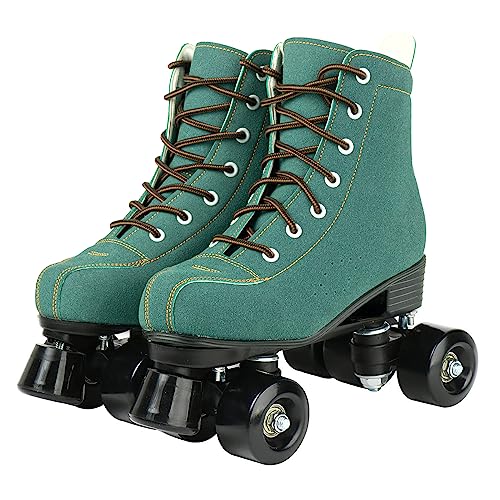 Tmore Roller Skates for Women and Men, Classic Double-Row Roller Skate High-Top Four Light up Wheels Premium Sueded Leather Outdoor Indoor Roller Skates for Adults and Teens (Green Black Wheel,39)