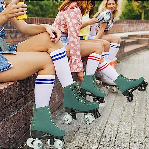 Tmore Roller Skates for Women and Men, Classic Double-Row Roller Skate High-Top Four Light up Wheels Premium Sueded Leather Outdoor Indoor Roller Skates for Adults and Teens (Green Black Wheel,39)