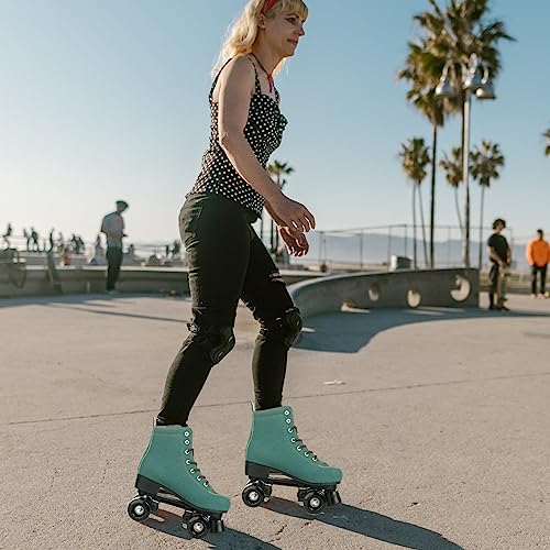 Tmore Roller Skates for Women and Men, Classic Double-Row Roller Skate High-Top Four Light up Wheels Premium Sueded Leather Outdoor Indoor Roller Skates for Adults and Teens (Green Black Wheel,39)