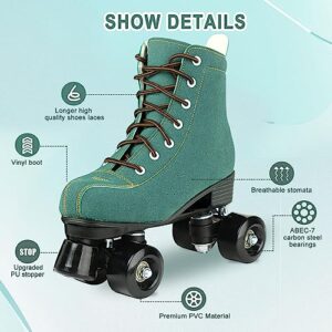 Tmore Roller Skates for Women and Men, Classic Double-Row Roller Skate High-Top Four Light up Wheels Premium Sueded Leather Outdoor Indoor Roller Skates for Adults and Teens (Green Black Wheel,39)