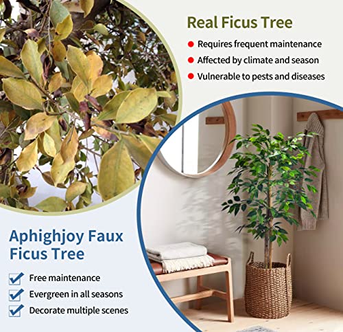 Aphighjoy Faux Plants Artificial Ficus Trees Eucalyptus Trees with Silk Leaves Fake Moss and Sturdy Nursery Pot, Fake Plants for Office Home Decor (4Ft -1Pack, Upgraded Ficus Tree)