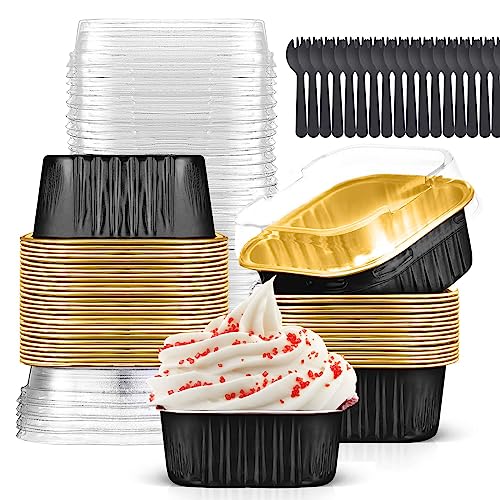 Findful Mini Cake Pans With Lids (10oz,40 Pack) Aluminum Foil Square Cupcake Liners Brownie Baking Cups,Disposable 4”x4” Large Cupcake Pan,Jumbo Muffin Tin Ramekins Holders