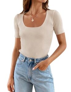 zesica women's 2023 short sleeve square neck t shirts slim fitted summer ribbed knit basic casual tee tops,sand,medium