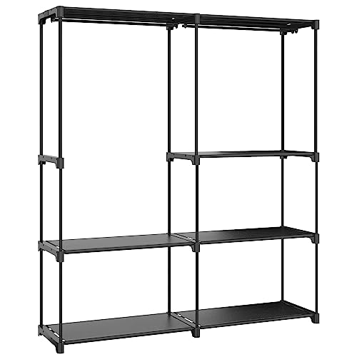 Hzuaneri Closet Organizer, Freestanding Portable Closet, 60-inch Closet Wardrobe for Bedroom, 2 Clothes Rail with 5 Compartments Shelves Storage Organizer for Cloakroom, Black WH03032BK