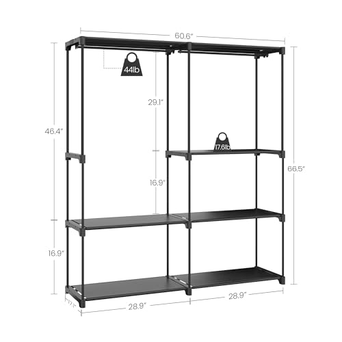 Hzuaneri Closet Organizer, Freestanding Portable Closet, 60-inch Closet Wardrobe for Bedroom, 2 Clothes Rail with 5 Compartments Shelves Storage Organizer for Cloakroom, Black WH03032BK