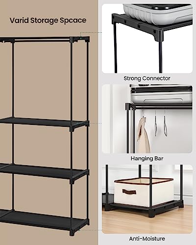 Hzuaneri Closet Organizer, Freestanding Portable Closet, 60-inch Closet Wardrobe for Bedroom, 2 Clothes Rail with 5 Compartments Shelves Storage Organizer for Cloakroom, Black WH03032BK