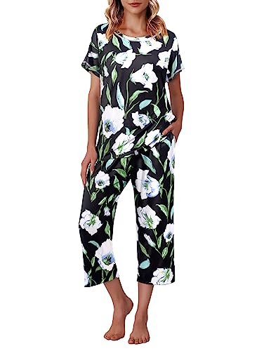 Ekouaer Women's Pajamas for Women Short Sleeve Sleepshirt and Capri Pants Pjs Sets Loungewear with Pockets White lily M